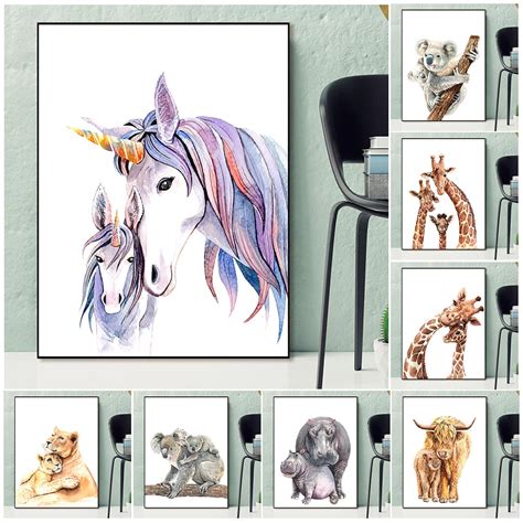 유니콘 기린 코알라 팬더 가족 육아 예술 인쇄 홈 장식 벽 예술 캔버스 회화 보육 어린이 포스터 지문그림 And 서예 Aliexpress