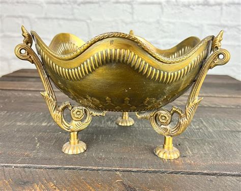 Vintage Ornate Brass Bowl With 7 Decorative Orbs Oriental Centerpiece