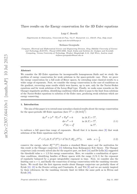 Pdf Three Results On The Energy Conservation For The 3d Euler Equations