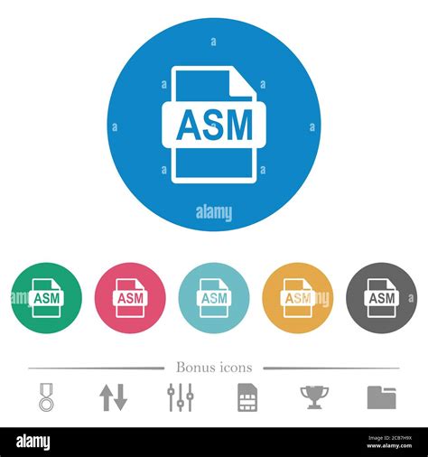 Asm File Format Flat White Icons On Round Color Backgrounds 6 Bonus Icons Included Stock Vector