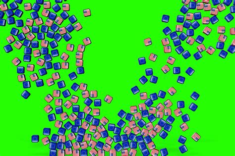 유럽과 미국 크로마 키 녹색 화면에 떨어지는 얼굴에 유럽과 미국의 국기와 주사위 많이 화면 배경 유럽과 미국 관계의 개념 유로