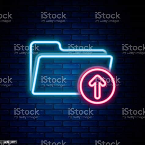 벽돌 벽 배경에 격리 된 빛나는 네온 라인 업로드 파일 아이콘 파일 문서 기호입니다 문서 화살표입니다 다채로운 개요 개념 벡터