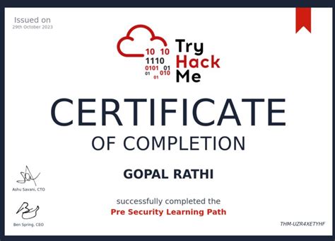 Completed Tryhackmes Presecurity Learning Path Gopal Rathi Posted