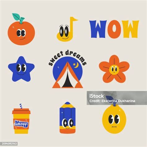 여름 캐릭터 채팅 복고풍 그루비 무드 번들 패치 멋진 따옴표 슬로건이 있는 아이콘 유행 색상 90 년대에 히피 벡터 스티커 음표에 대한 스톡 벡터 아트 및 기타 이미지