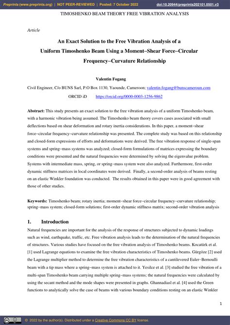 Pdf An Exact Solution To The Free Vibration Analysis Of A Uniform Timoshenko Beam Using A