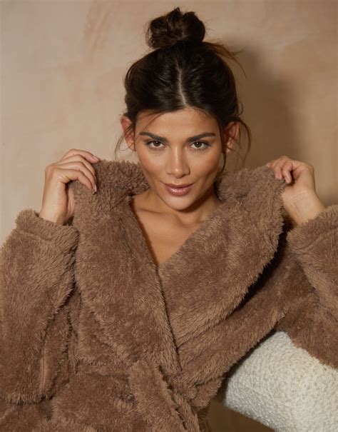 Threadbare Womens Light Brown Fluffy Hooded Ladies Dressing Gown