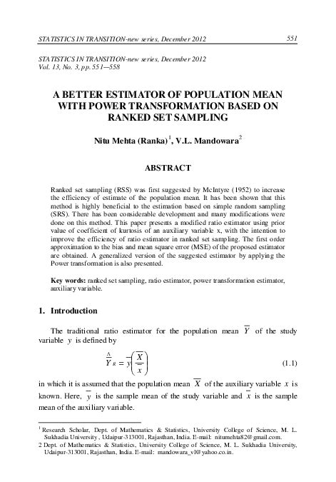 Pdf A Better Estimator Of Population Mean With Power Transformation Based On Ranked Set