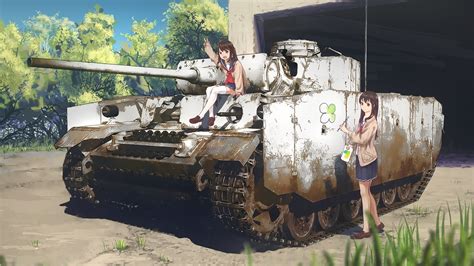 배경 화면 애니메이션 소녀들 무기 탱크 교복 원작자 육군 대포 기갑 부대 Iii 1500x844 픽셀 육상