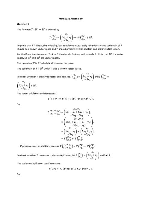 Math1231 Assignment Math1231 Assignment Question 1 The Function 𝑇 ∶ ℝ