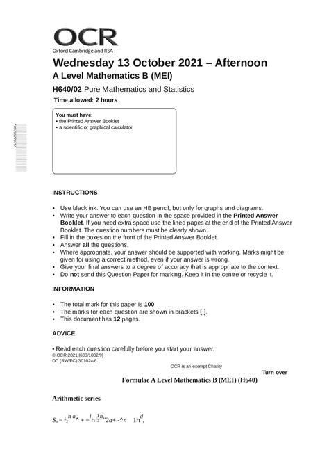 OCR A Level Mathematics B MEI H Pure Mathematics And Statistics Question Paper Oct