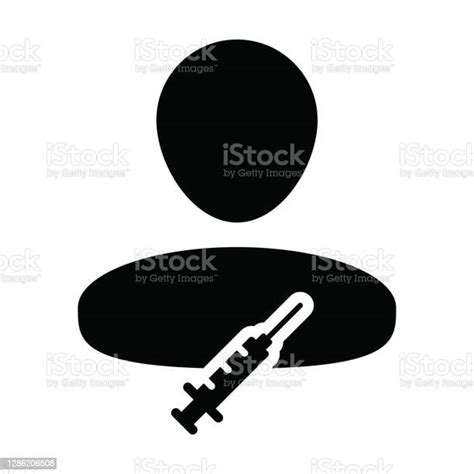 백신 주사기 남성 사용자 프로필 아바타 기호를 가진 환자 아이콘 벡터 는 글리프 픽토그램에서 의료 및 의료용 아바타 기호