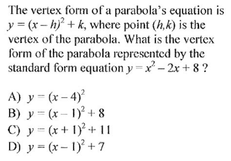 Solved The Vertex Form Of A Parabolas Equation Is Y X H 2 K Where Point H K Is The