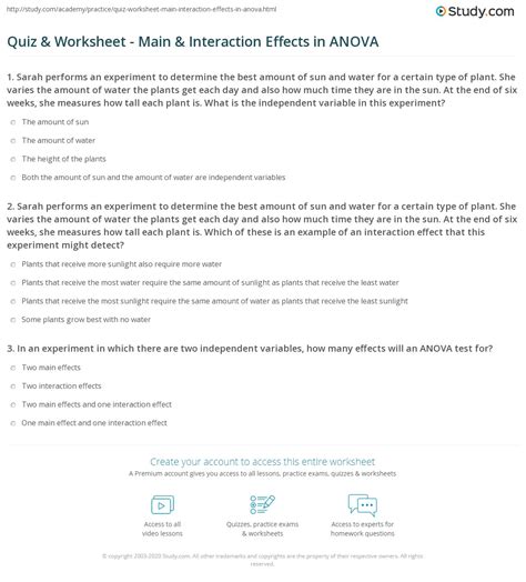 Quiz And Worksheet Main And Interaction Effects In Anova