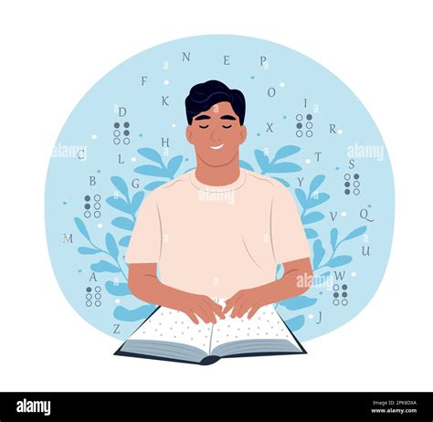 World Braille Day A Smiling Blind Man Reads Something In Braille Stock