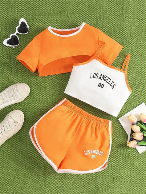 Teen Girls Letter Graphic Cami Top And Shorts And Super Crop Tee