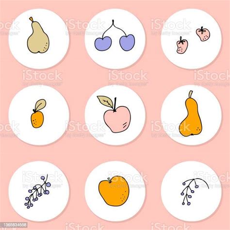 낙서 과일 요소의 스토리 하이라이트 아이콘 세트 포스터 스티커 및 인쇄에 적합합니다 장식과 디자인을위한 손으로 그린 벡터