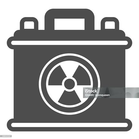 방사능 씰이 있는 전기 축압기 솔리드 아이콘 원자력 개념 벡터 그래픽 배터리 컨테이너 흰색 배경에 방사선 기호 모바일 또는 웹용 글리프 스타일 아이콘 0명에 대한 스톡 벡터