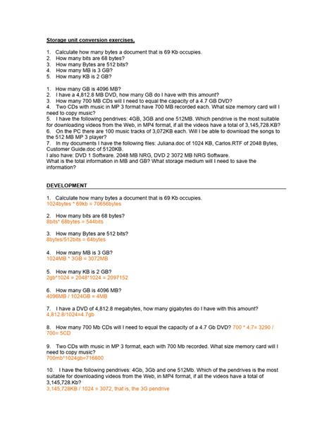 Storage Unit Conversion Exercises Pdf Usb Flash Drive Byte
