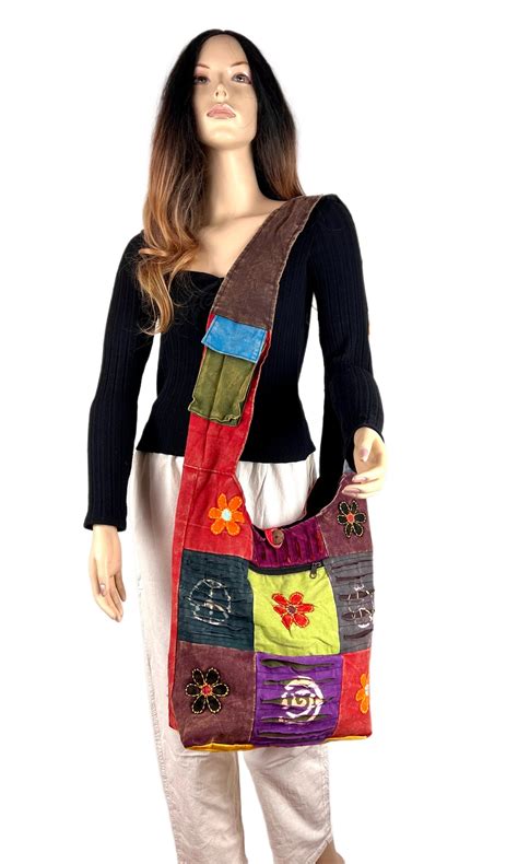 Hippie Sling Bag With Razor Cut Pattern Patchwork Cotton Hippie Bag Peace And Flower Patch
