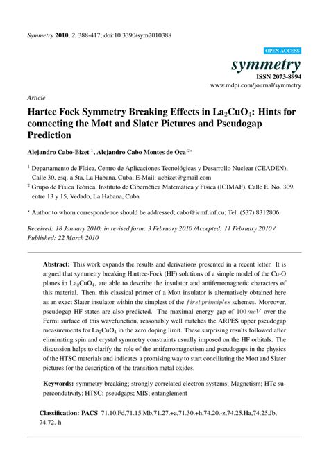 Pdf Hartee Fock Symmetry Breaking Effects In La2cuo4 Hints For Connecting The Mott And Slater