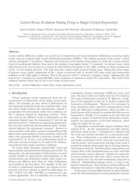 Pdf Lattice Strain Evolution During Creep In Single Crystal · Lattice Strain Evolution