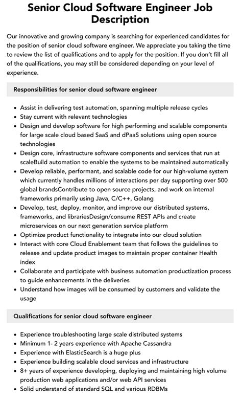 Senior Cloud Software Engineer Job Description Velvet Jobs
