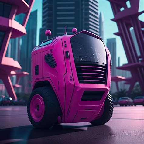 Premium Ai Image A Modern Pink Delivery Robot With City In The