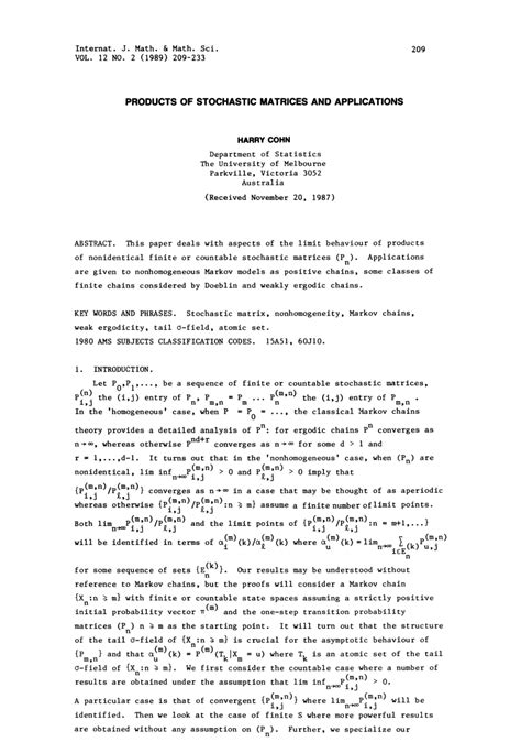 Pdf Products Of Stochastic Matrices And Applications