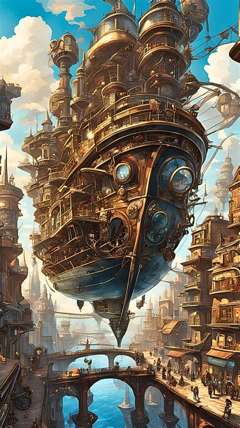 Steampunk Fantasy Art Flying Ship In A City Kunst Steampunk Palast