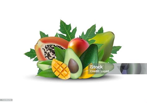 3d 승진 배너 현실적인 망고 아보카도 떨어지는 조각 비타민 나뭇잎 파파야 아이스크림 요구르트 주스 브랜드 광고 레이블 포스터