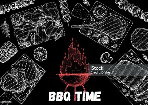 바베큐 그릴 음식 스케치 메뉴 디자인 템플릿입니다 구운 고기와 야채 프레임 벡터 그림입니다 새겨진 디자인 손으로 그린 그림 갈비 음식에 대한 스톡 벡터 아트 및 기타 이미지