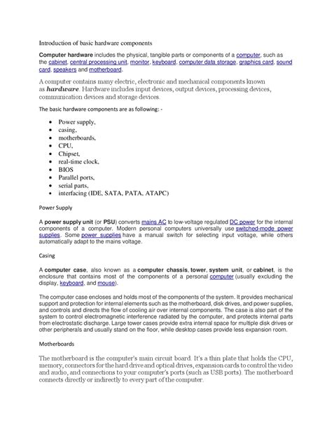Hardware Components In Computer Lecture Notes Computer Architecture