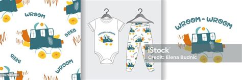 아기 도시 자동차와 아이를 위한 원활한 패턴 귀여운 디자인의 잠옷 옷 티셔츠 프린트 아이들은 패션 포장을 위한 아기 배경 직물 포장 벽지를 위한 모양 일러스트레이션에 대한