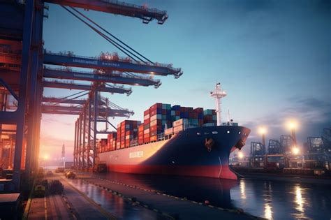 Premium Photo Container Ship Unloading At A Commercial Dock At Dusk