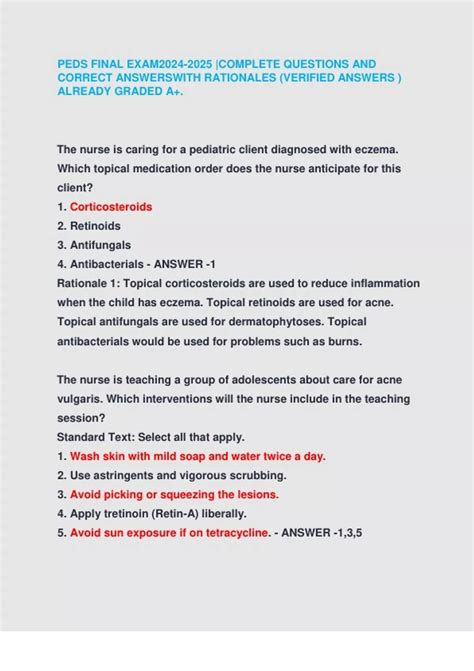 PEDS FINAL EXAM COMPLETE QUESTIONS AND CORRECT ANSWERSWITH RATIONALES VERIFIED ANSWERS