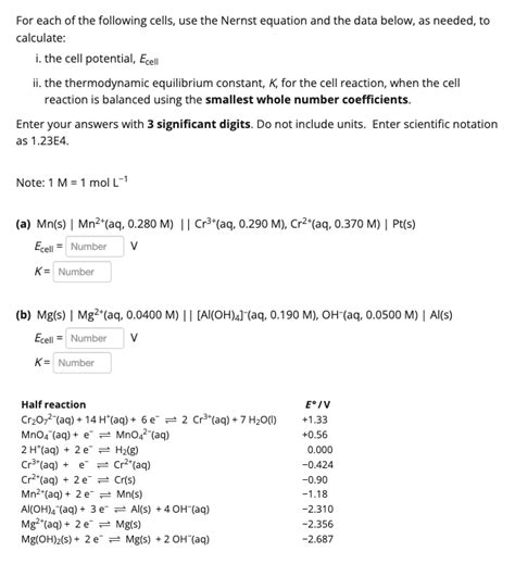 Solved For Each Of The Following Cells Use The Nernst Chegg Com