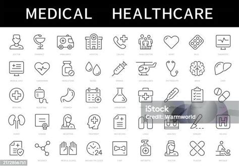 의학 및 건강 관리 가는 선 아이콘입니다 의료 의학 건강 의사 편집 가능한 스트로크 아이콘 세트입니다 벡터 일러스트 레이 션