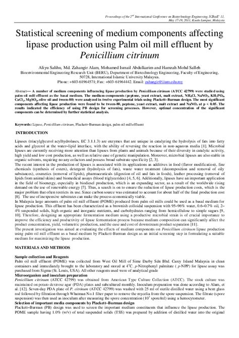 Pdf Statistical Screening Of Medium Components Affecting Lipase Production Using Palm Oil Mill