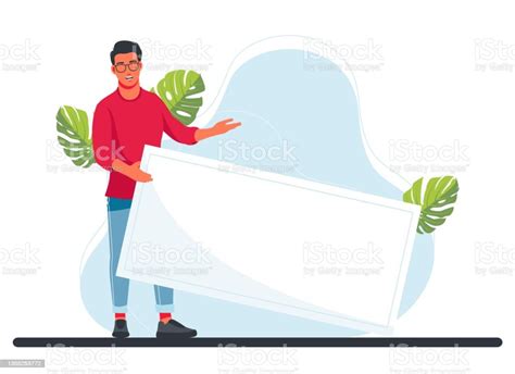 백서 한 장을 들고 있는 젊은 캐릭터 공간을 복사합니다 여기에 텍스트 템플릿 평평한 편집 가능한 벡터 일러스트레이션 클립 아트 백서의 깨끗한 시트 경영자에 대한 스톡 벡터