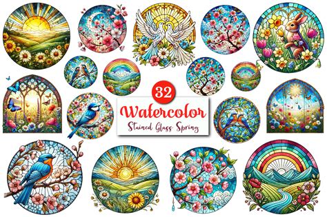 Watercolor Stained Glass Spring Clipart Graphic By Citragraphics