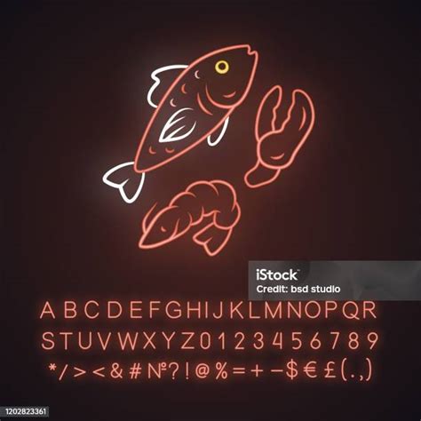 해산물 네온 라이트 아이콘입니다 오메가 3 소스 제품 미식가 식사 건강한 음식 알파벳 숫자 및 기호와 빛나는 기호 물고기 새우와 랍스터 발톱 벡터 고립 된 그림 3에 대한
