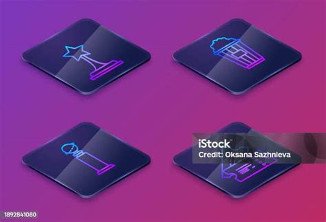 아이소메트릭 라인 영화 트로피 트로피 골든 글로브 골판지 상자에 팝콘 및 시네마 티켓을 설정합니다 파란색 사각형 버튼입니다 벡터 3차원 형태에 대한 스톡 벡터 아트 및 기타