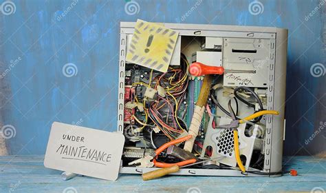 Grungy Demolished Computer With Maintenance Signservice Not Available