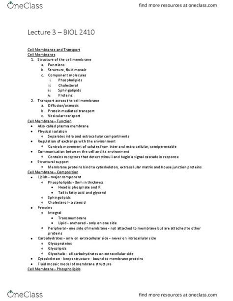 Biol 2410 Lecture Notes Spring 2016 Lecture 3 Lipid Raft Lipid Bilayer Fluid Mosaic Model