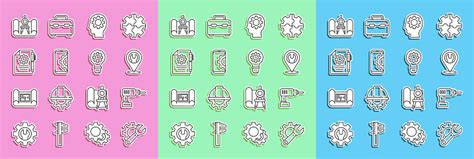 세트 라인 렌치 스패너와 기어 전기 드릴 머신 렌치가있는 위치 내부의 인간 헤드 스마트 폰 설정 문서 설정 펜 그래프 용지 나침반 및 전구 아이콘 벡터 Brand Name