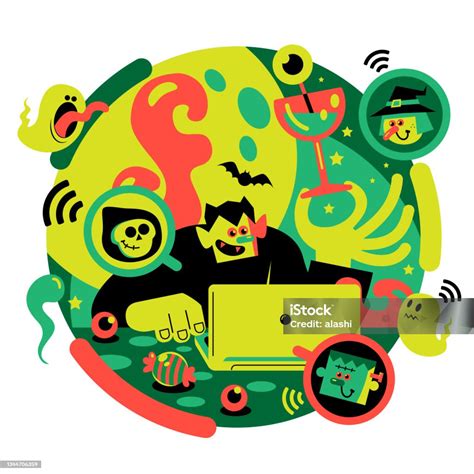 뱀파이어 프랑켄슈타인 죽음 마녀는 가상 응원 할로윈 파티 트릭 또는 치료 의상 경연 대회를 즐기는 노트북을 사용하여 Brand Name Online Messaging