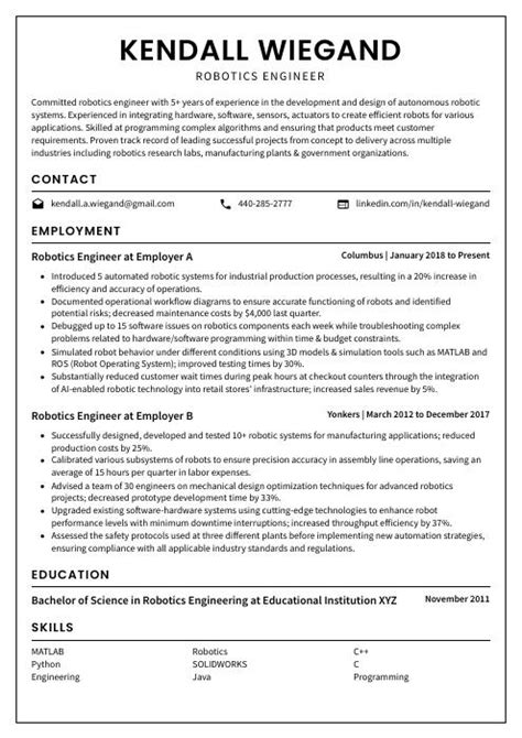 Robotics Engineer Resume CV Example And Writing Guide