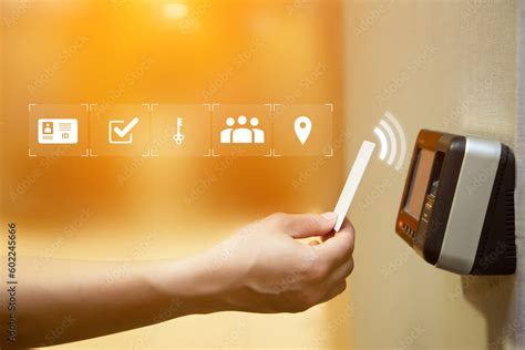 Proximity Card Reader Door Unlock Hand Security Man Using ID Card On Fingerprint Scanning