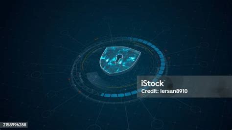 추상적인 배경에 네트워크 방화벽 기술 및 데이터 보안 개념이 있는 파란색 디지털 보안 방패 로고 및 3d 원형 미래형 Hud