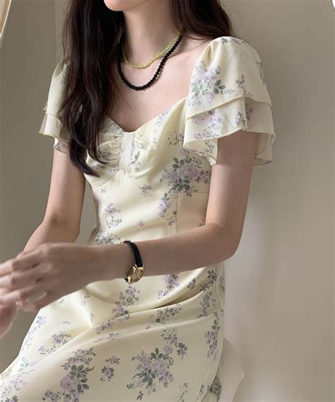 포앤바이앤 로맨틱 플라워 롱원피스 스퀘어넥 러플 반소매 리본 꽃무늬 슬리밍 백오픈 셔링 A라인 러블리 쉬폰 드레스 여신 여친